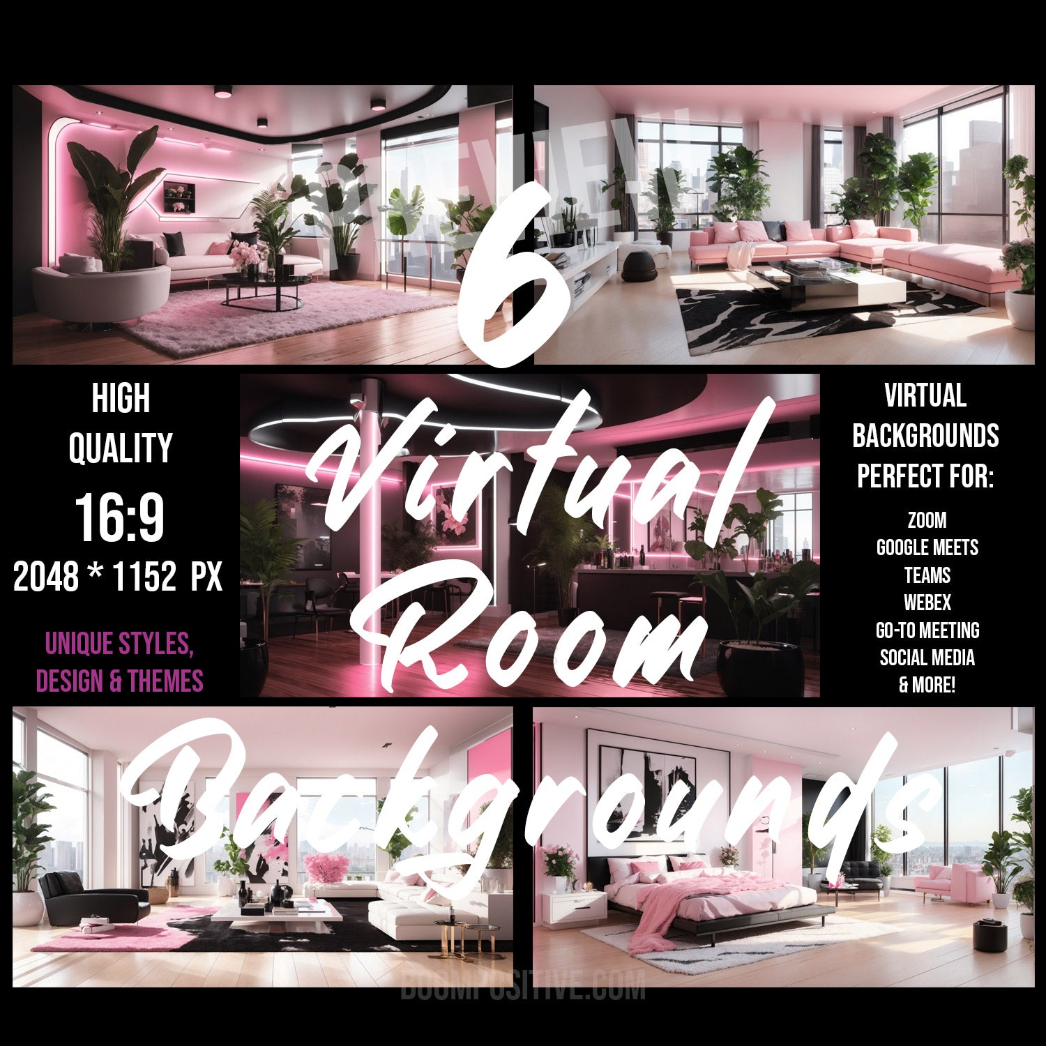 Pink black styled rooms | Virtual background bundle – Boom Positive