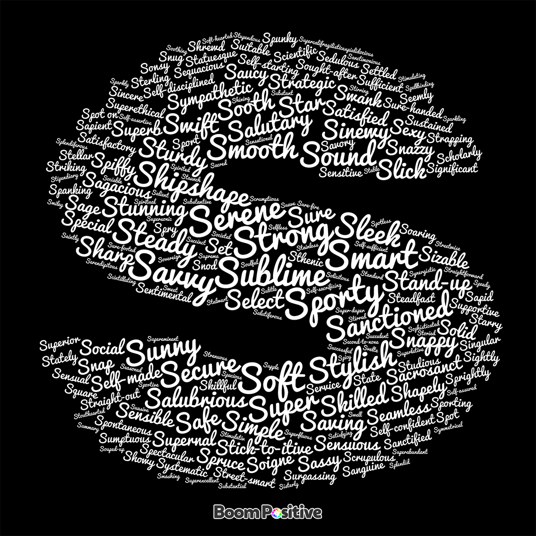 Positive words that start with S | Word cloud t-shirt – Boom Positive