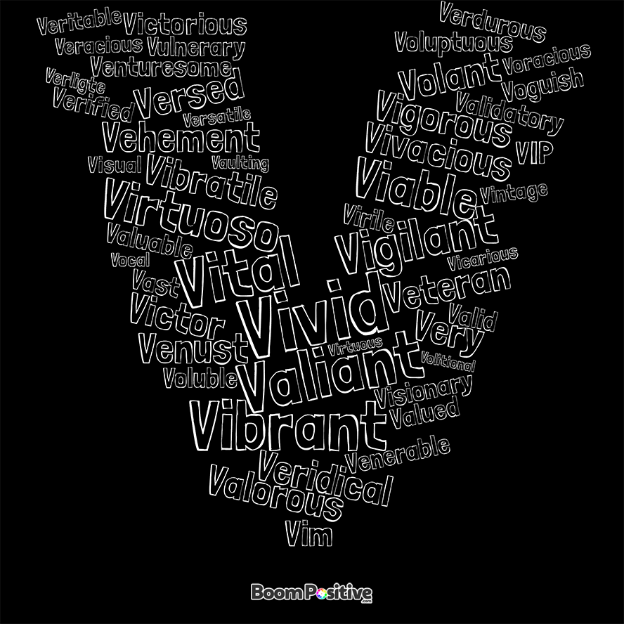 Positive words that start with V | Word cloud t-shirt – Boom Positive